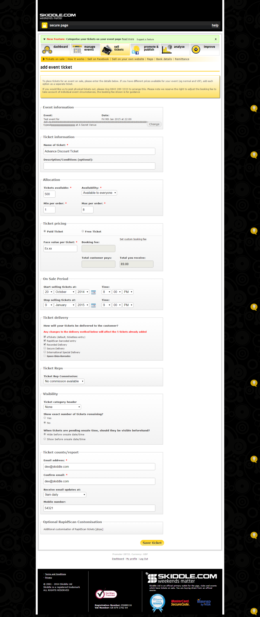 New advanced ticket options - Skiddle Promotion Centre